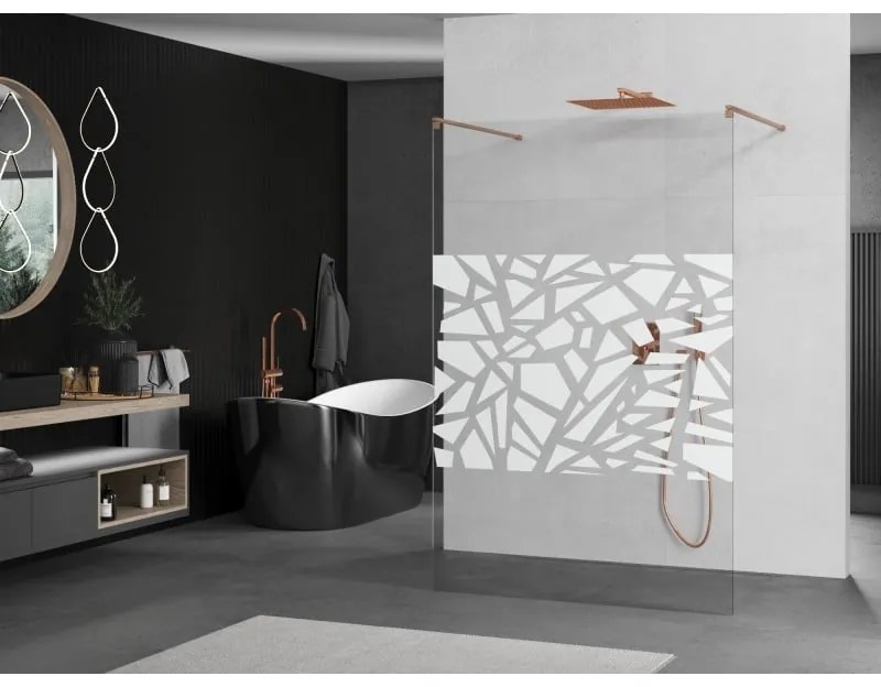 Mexen Kioto, sprchová zástěna Walk-In 130 x 200 cm, 8mm čiré sklo bílý vzor, měděný matný profil, 800-130-002-65-85