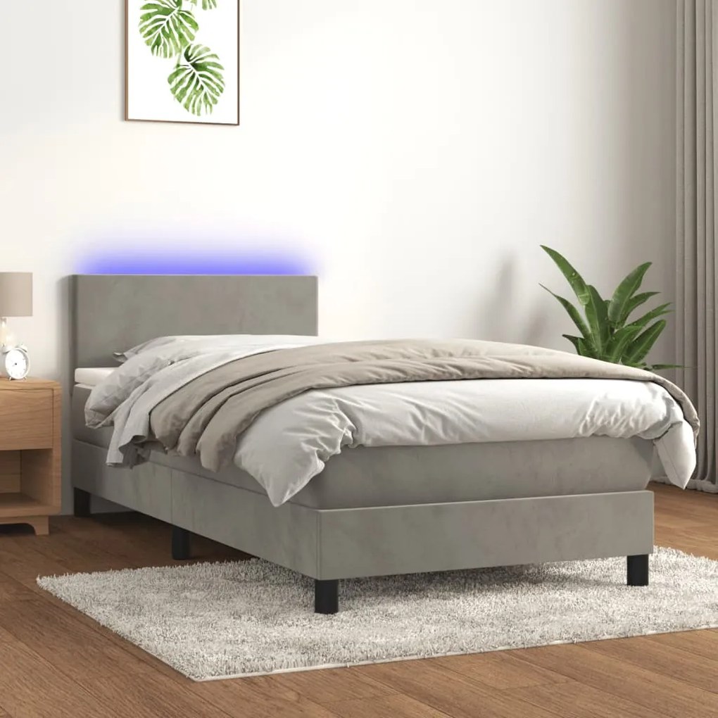 Box spring postel s matrací a LED světle šedá 100x200 cm samet