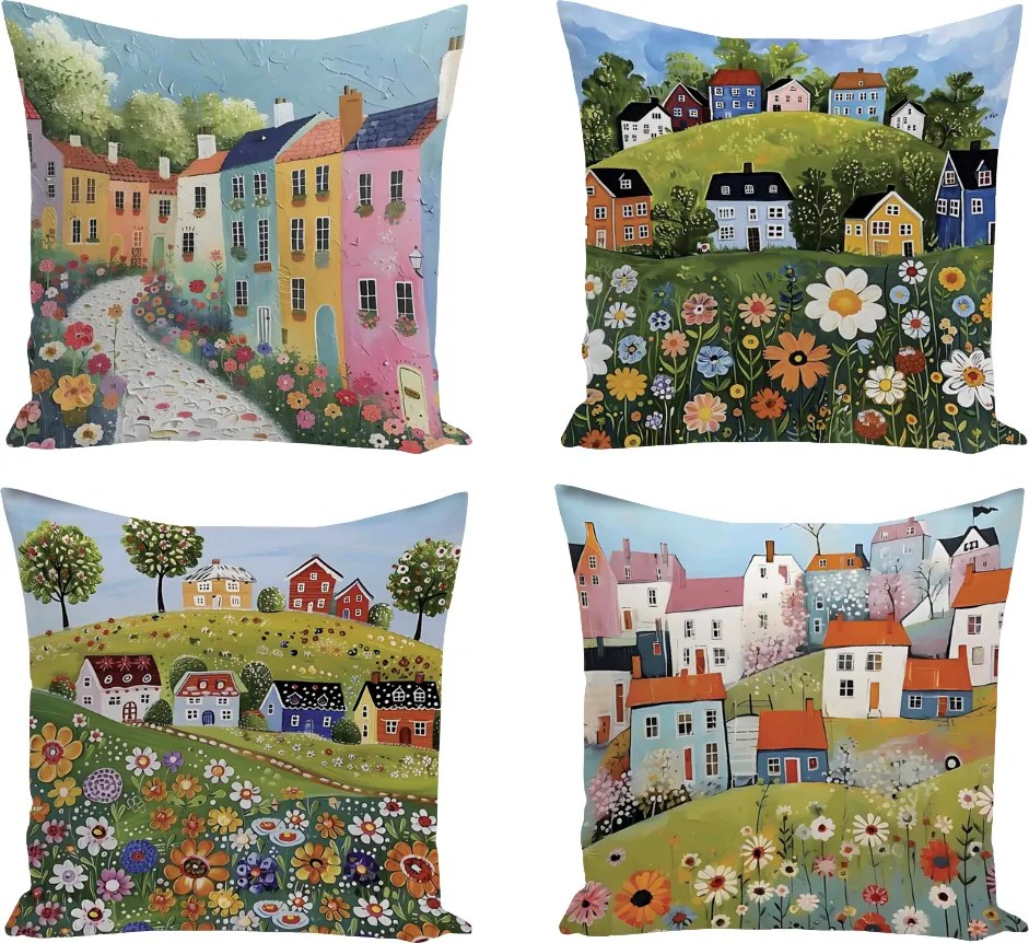 XPOSE® Set povlaků na polštář VESNICE (digitální tisk) 43x43 cm - set 4 ks