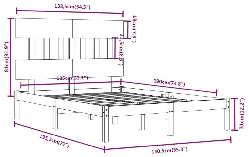 Rám postele bílý masivní dřevo 135 x 190 cm dvojlůžko,  3104714