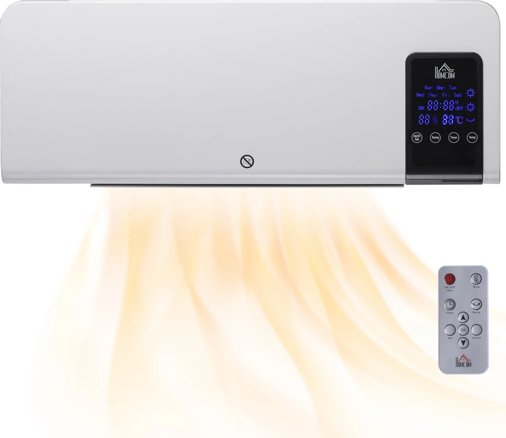 HOMCOM Elektrické topení, nástěnná montáž, oscilační funkce, 2 režimy, časovač, LED displej, bílá