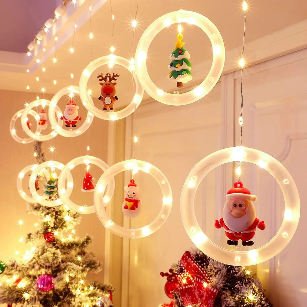 Vánoční LED světelný závěs s 10 kroužky a postavičkami, 100 LED, 3m, různé barvy na výběr Barva: Studená bílá