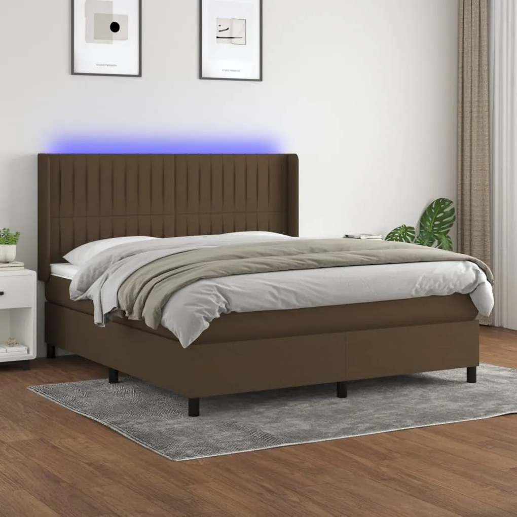 Box spring postel s matrací a LED tmavě hnědá 160x200 cm textil