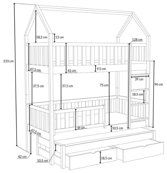 Dětská domečková patrová postel z masivu borovice OTA s přistýlkou a šuplíky - 200x90 cm - PŘÍRODNÍ BOROVICE