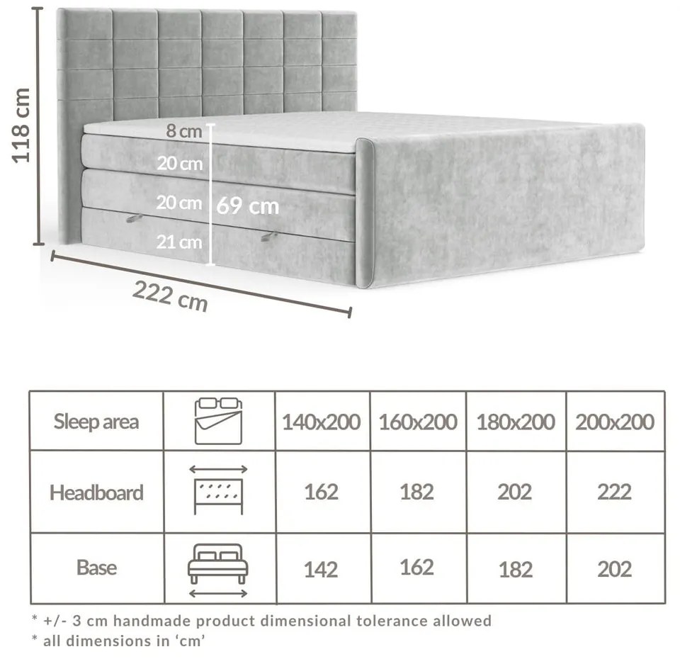 Světle šedá boxspring postel s úložným prostorem 160x200 cm Ava – Maison de Rêve