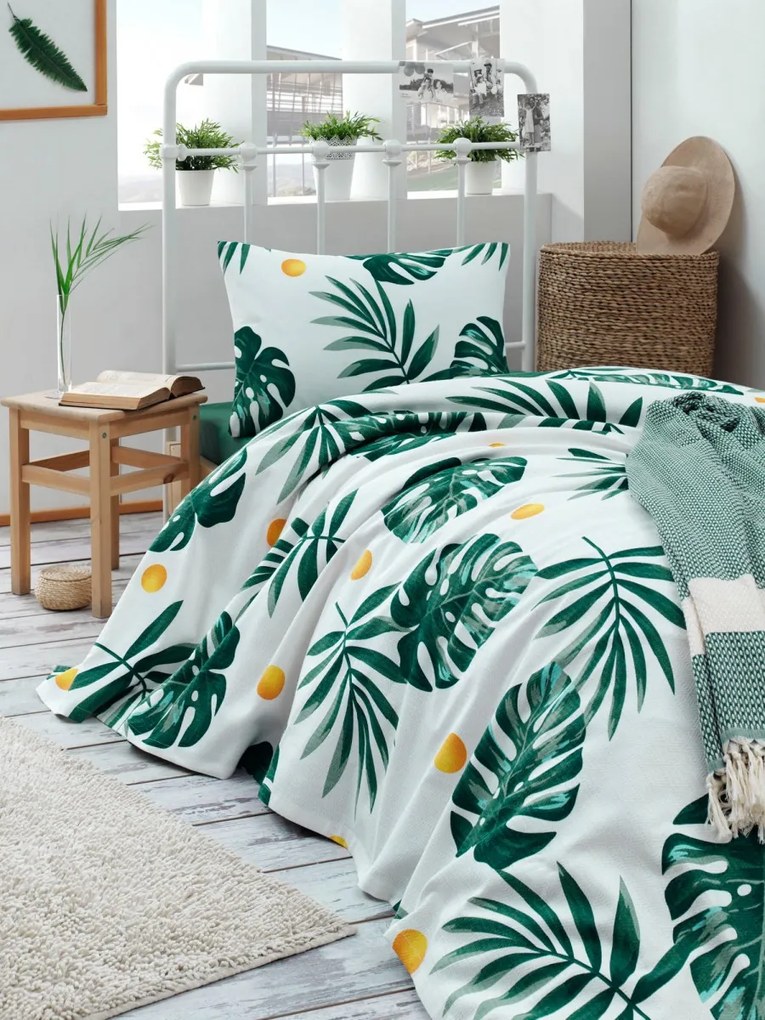 Bavlněný pique přehoz Monstera 160x235 cm zelený/bílý