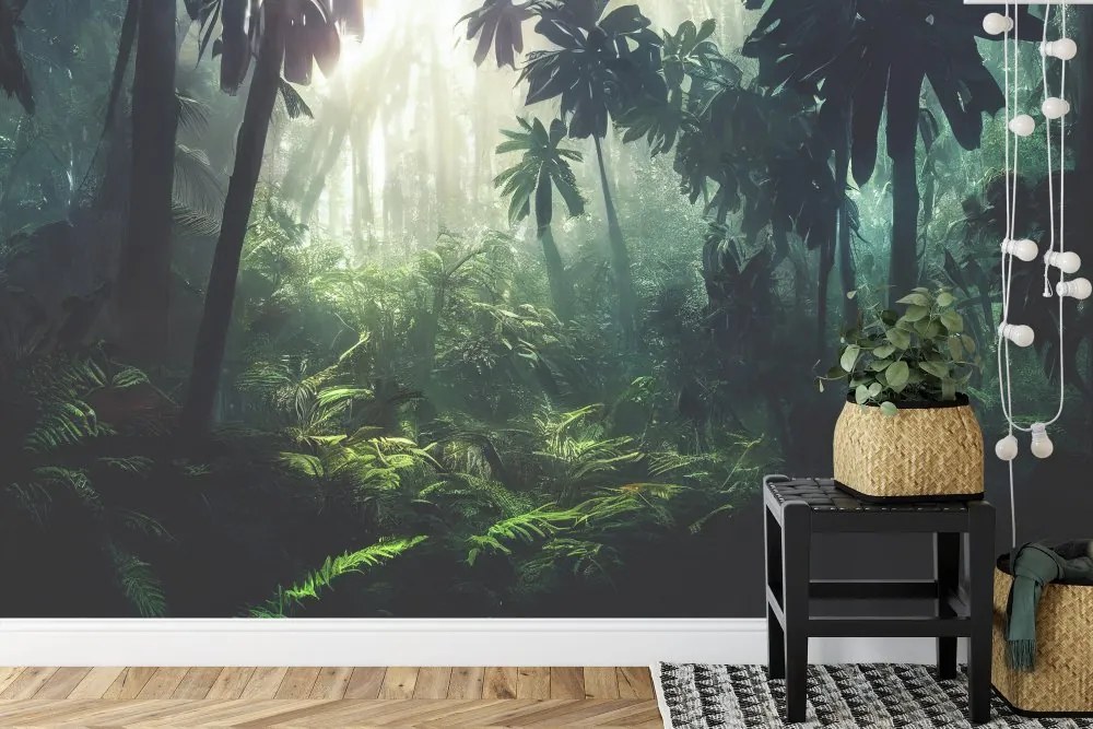 Fototapeta Dark Rainforest, Sun Rays Through The Trees, Rich Jungle Greenery. Atmospheric Fantasy Forest. 3D . Hladký vinyl 104x70.5