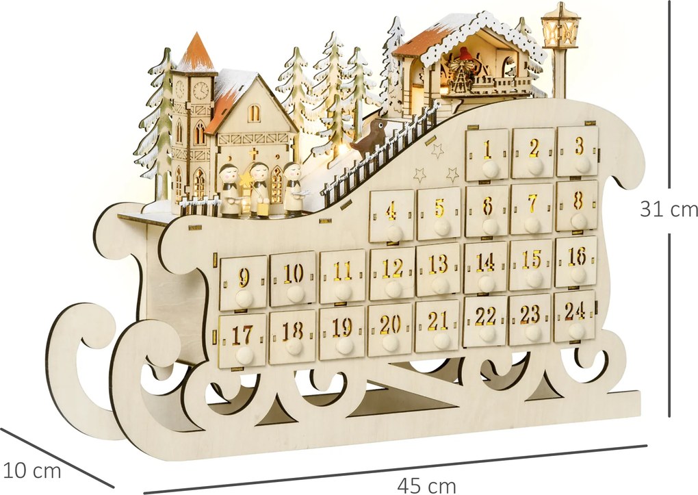 HOMCOM Adventní kalendář k naplnění s 24 zásuvkami, LED světly, ve tvaru saní, DIY vánoční kalendář, odpočítávací kalendář k Vánocům, dárek pro děti …