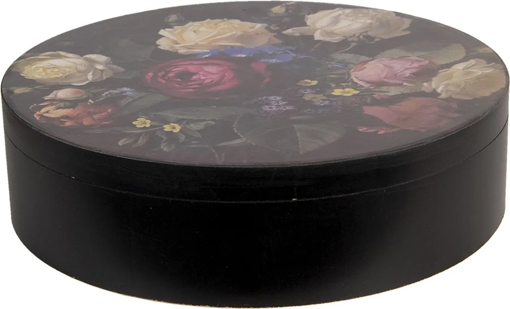 Kulatý černý dřevěný úložný box s vintage růžemi - Ø 25*7 cm