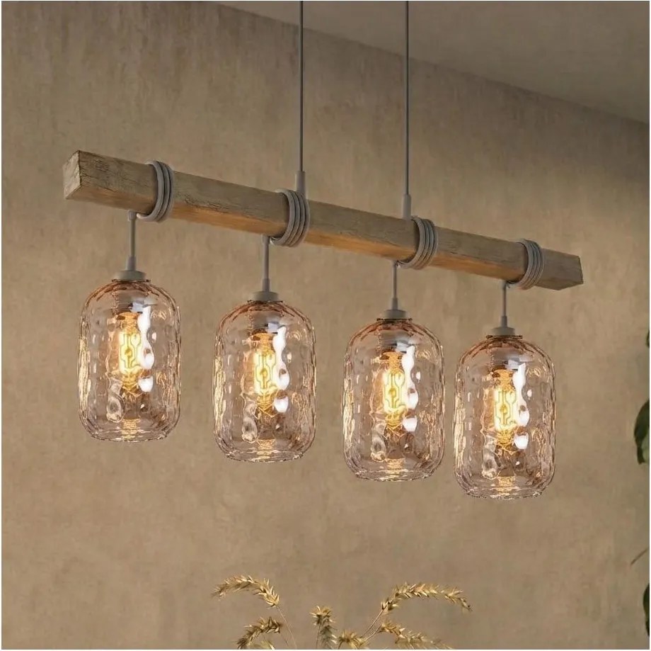BRILAGI - Lustr na lanku WOOD GLASS 4xE27/60W/230V borovice/šedá/kouř hnědá