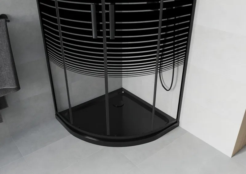 Mexen Rio, čtvrtkruhový sprchový kout s posuvnými dveřmi 80 (dveře) x 80 (dveře) x 190 cm, 5mm čiré sklo s pásky, černý profil + černá sprchová vanička SLIM, 863-080-080-70-20-4170B