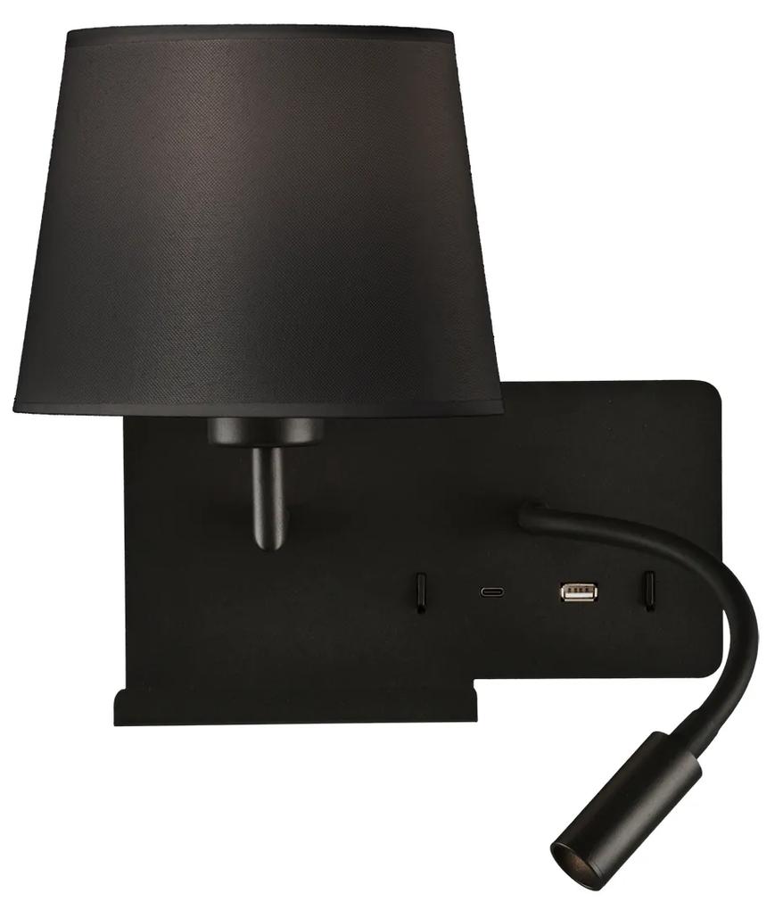 ACB Iluminacion Nástěnné LED svítidlo HOLD levé, 3W + 1xE27 15W, CRI90, 2x vstup USB/USBC Barva: Černá, Barva montury: Bílá
