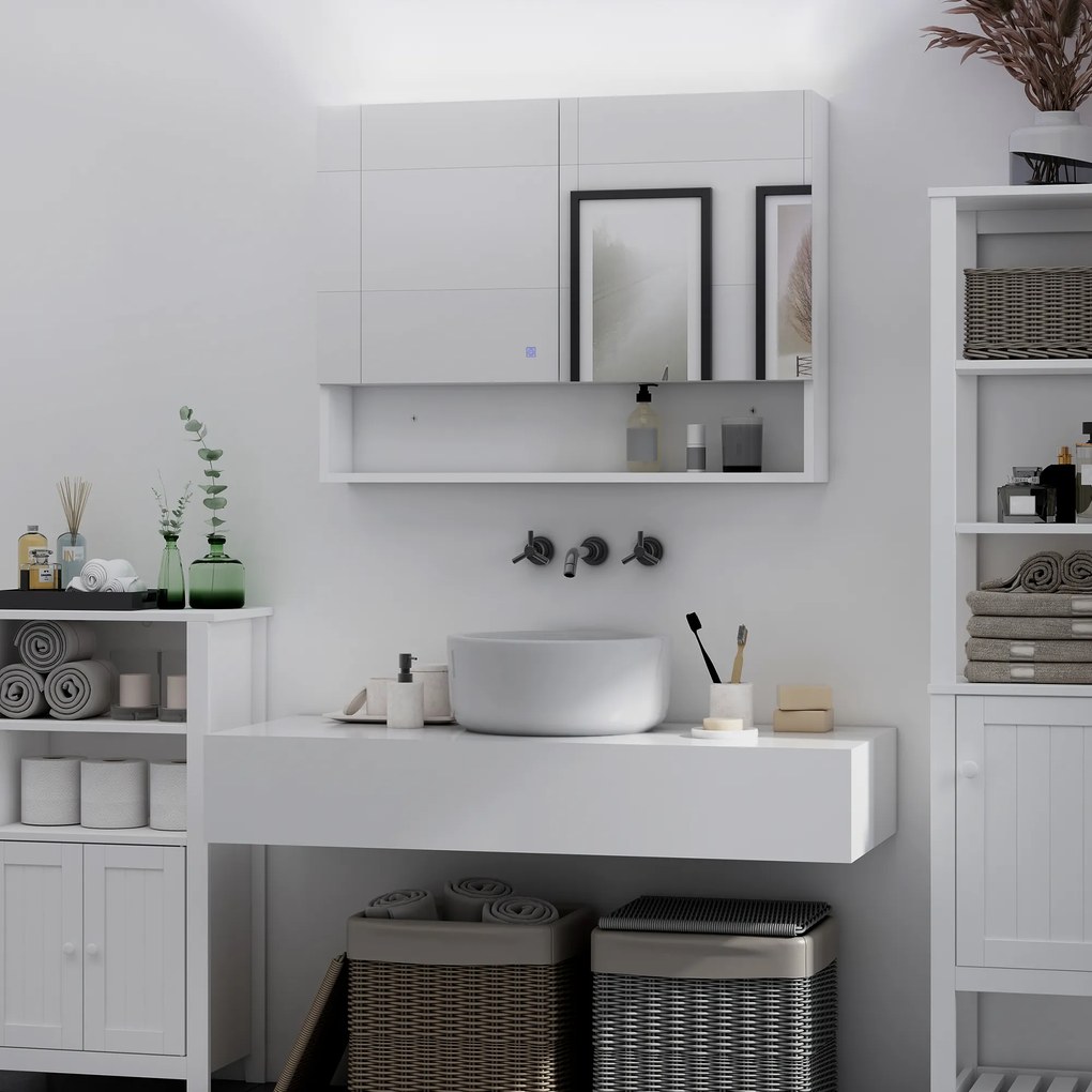 HOMCOM LED 10W zrcadlová skříňka Dvoudveřová koupelnová skříňka s policovou skříňkou Koupelnové zrcadlo Koupelnový nábytek Víceúčelová skříňka pro mě…