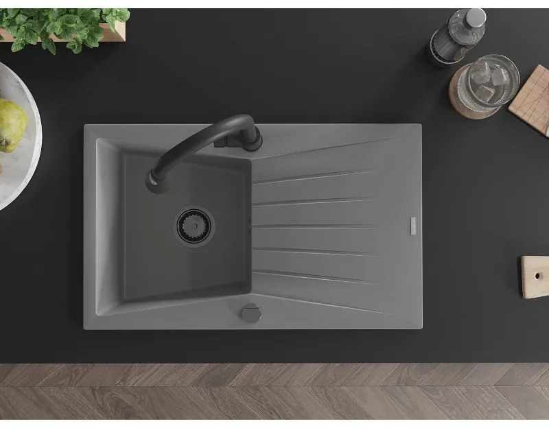 Mexen Cesar, 1-komorový granitový dřez 775x470x190 mm a dřezová baterie Elia, šedá, 6514-71-670101-70-B