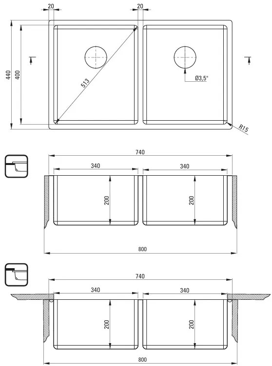 Deante Steel sink, 2-bowl, undermount