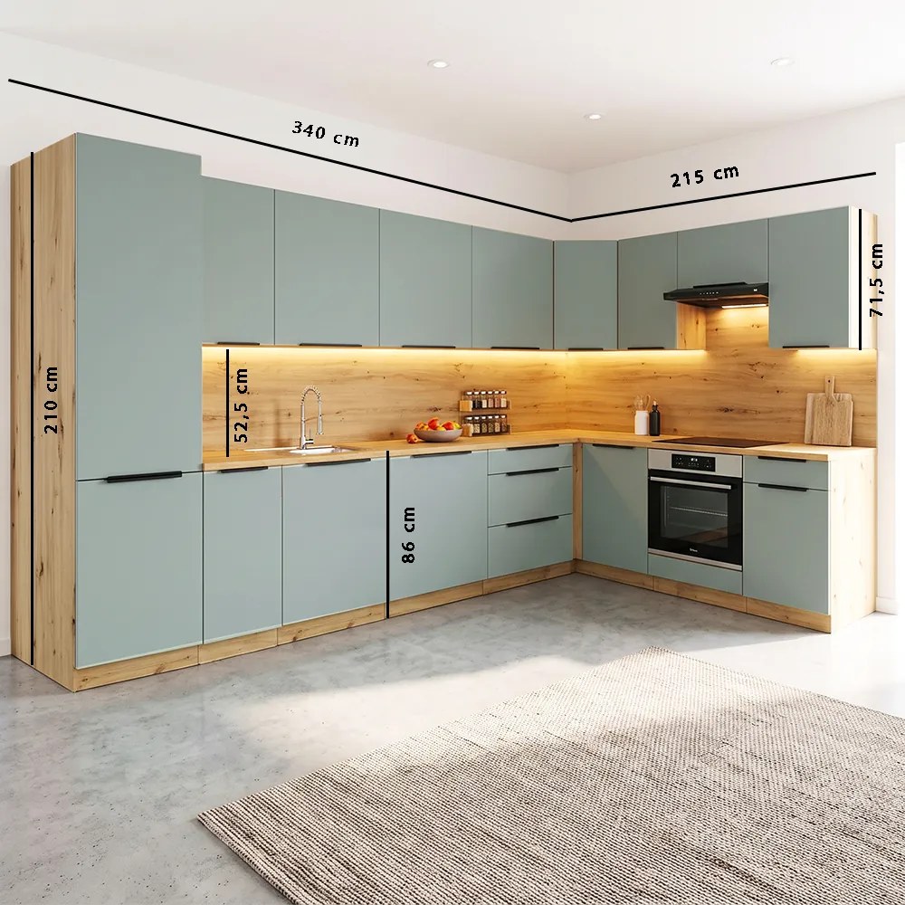 Kuchyňská linka ARIA st | 340x215 cm | ve tvaru L | UNI provedení | ANTI FINGERPRINT povrch | artisan/aquamarine