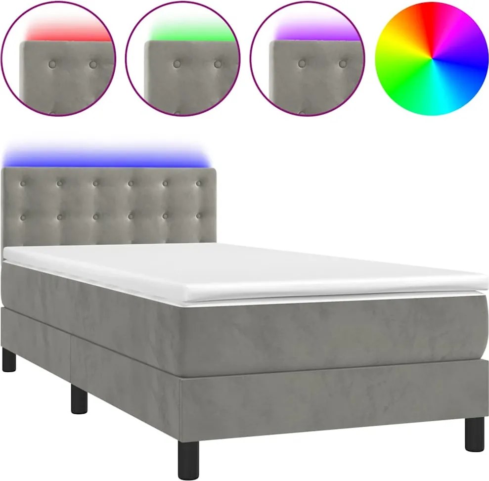Box spring postel s matrací a LED světle šedá 80 x 200 cm samet 3134609