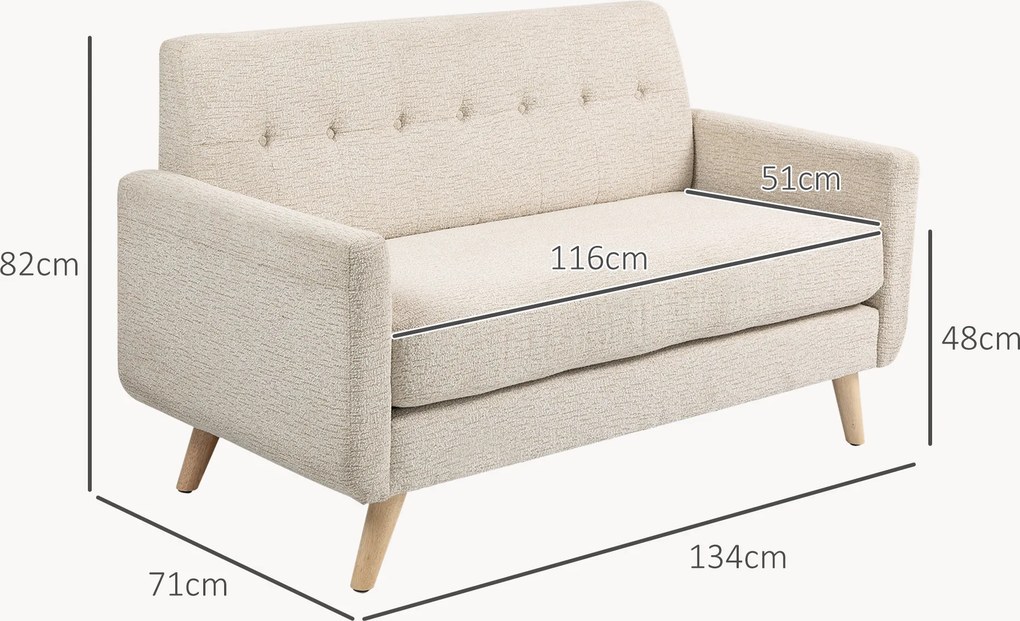 Kuchyňská pohovka HOMCOM 2místná béžová 134Š x 71D x 82V cm se silnými sedáky a opěradly, pružinové jádro, dřevěné nohy a protiskluzové nožky, sameto…