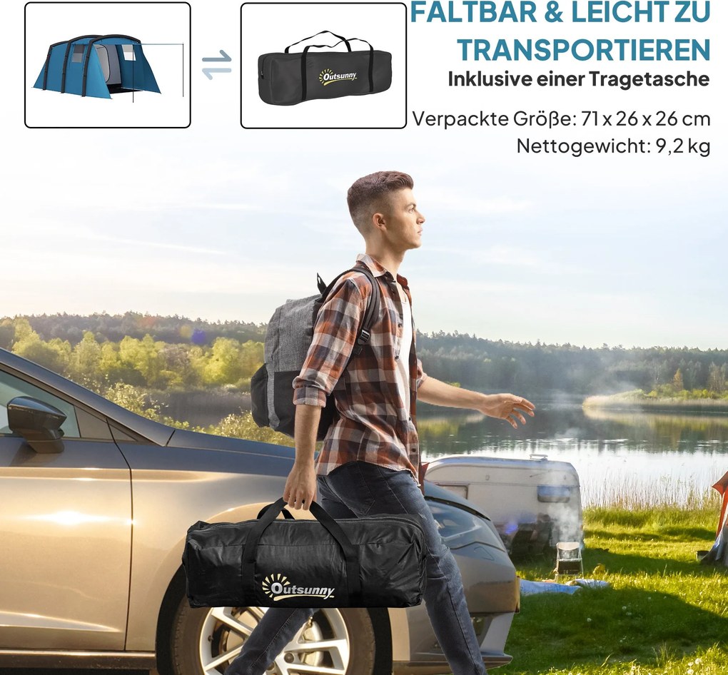 Inflatabilní stan Outsunny pro 3-6 osob s pumpou - stan na kempování UV50+ pro rodiny, větruodolný a rychlo-setup stan na 3 sezóny
