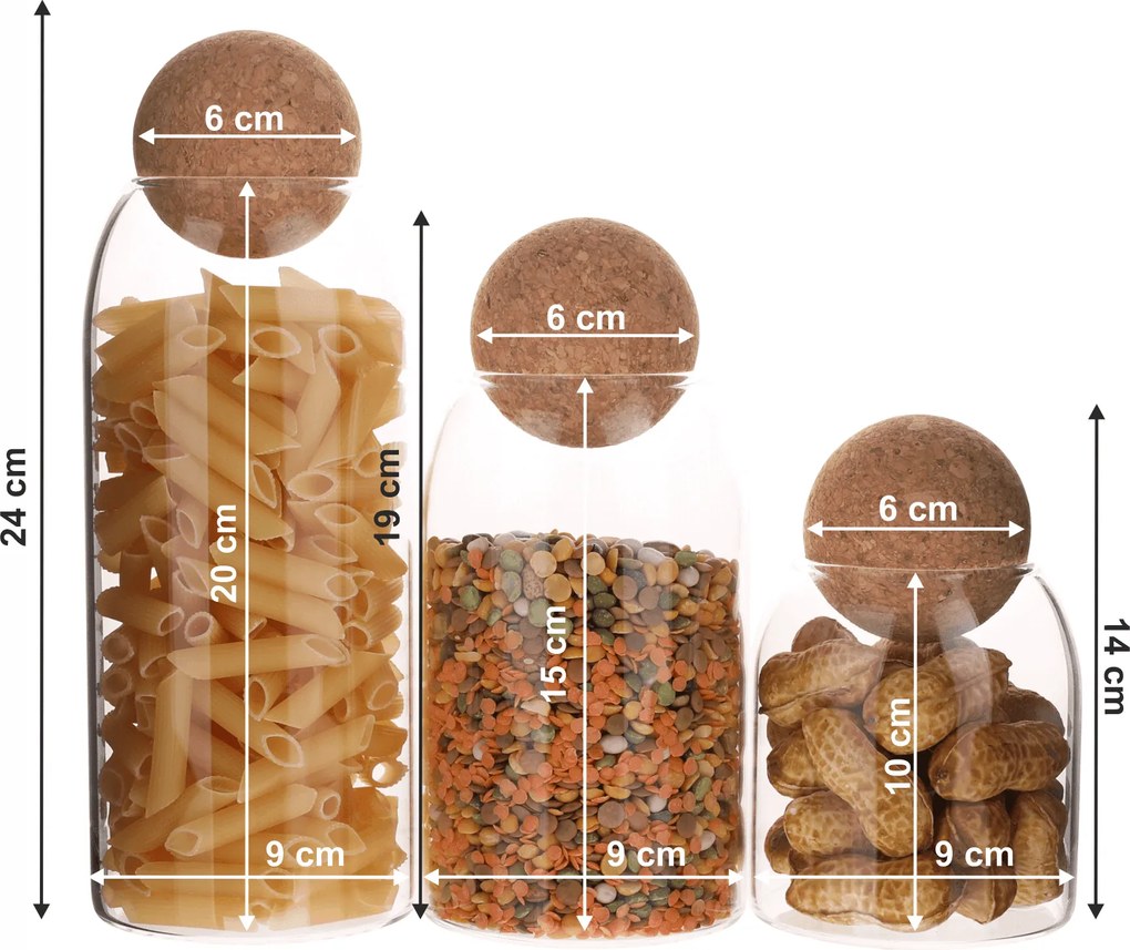 TEMPO-KONDELA LORZA, skleněné dózy, set 3 ks, se zátkou, sklo/korek