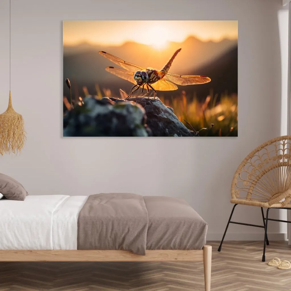 Obraz na plátně - vážka sedící na kameni při západu slunce FeelHappy.cz Velikost obrazu: 120 x 80 cm