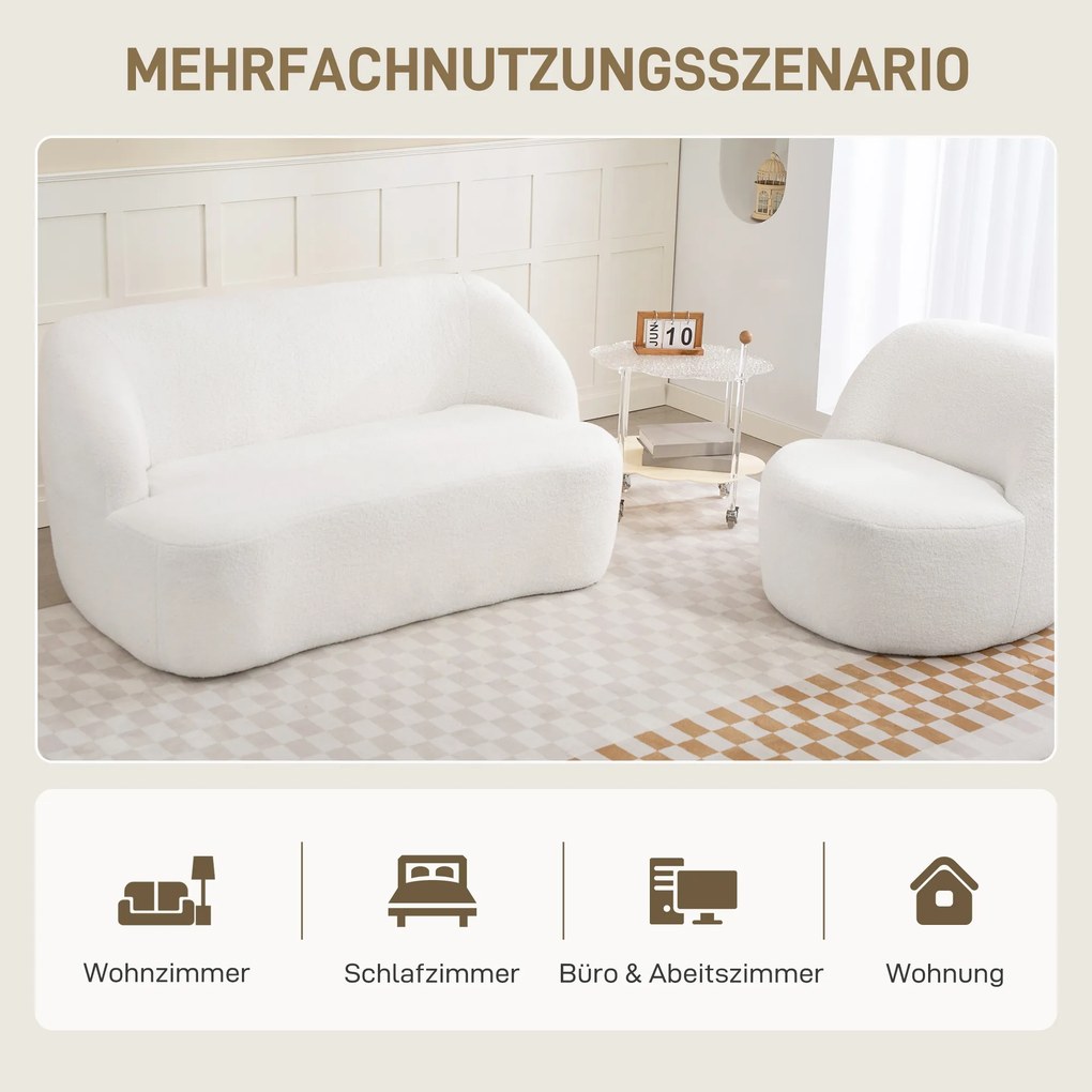 HOMCOM Dvoumístná pohovka, zakřivený design, čalouněná pohovka s fleecovým potahem, pro obývací pokoj, ložnici, domáci kancelář, krémově bílá