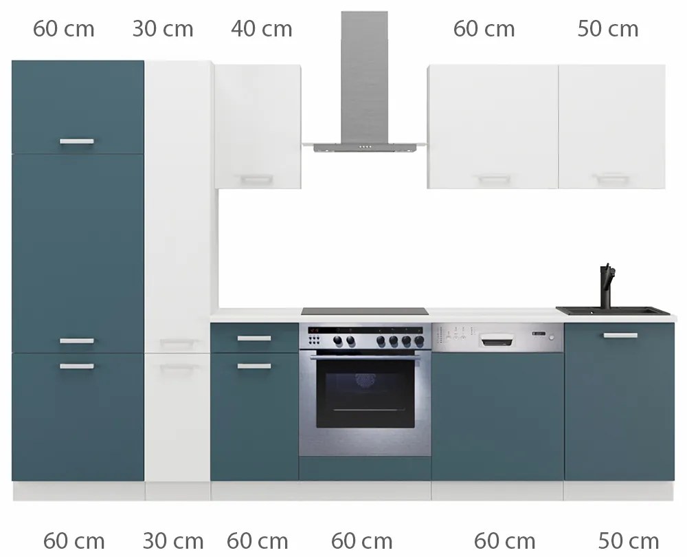 Kuchyňská linka TONI | 300 cm | S PRACOVNÍ DESKOU | bílá/skaggerak modrá