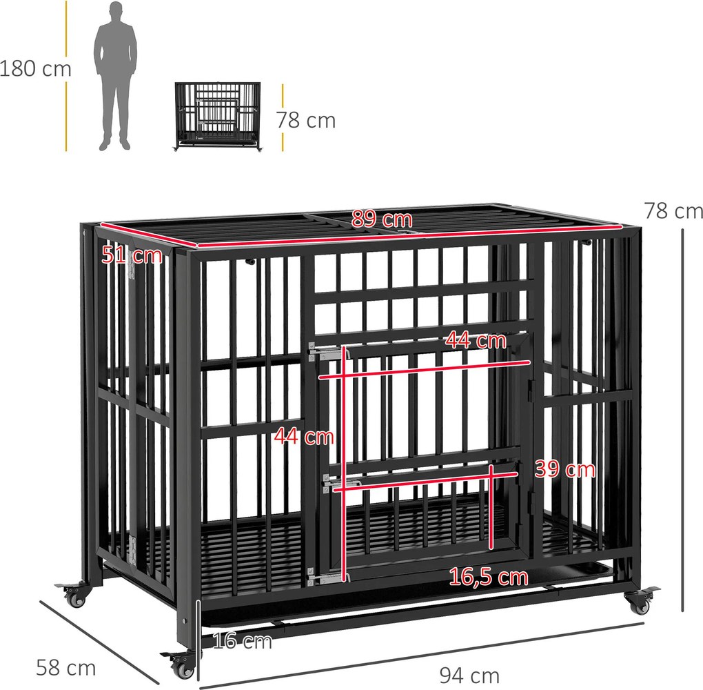 PawHut klec pro psy box pro psy s dvojitými dvířky bouda pro psy, kolečka, psí bouda, ocel, černá, 94 x 58 x 78 cm | Aosom