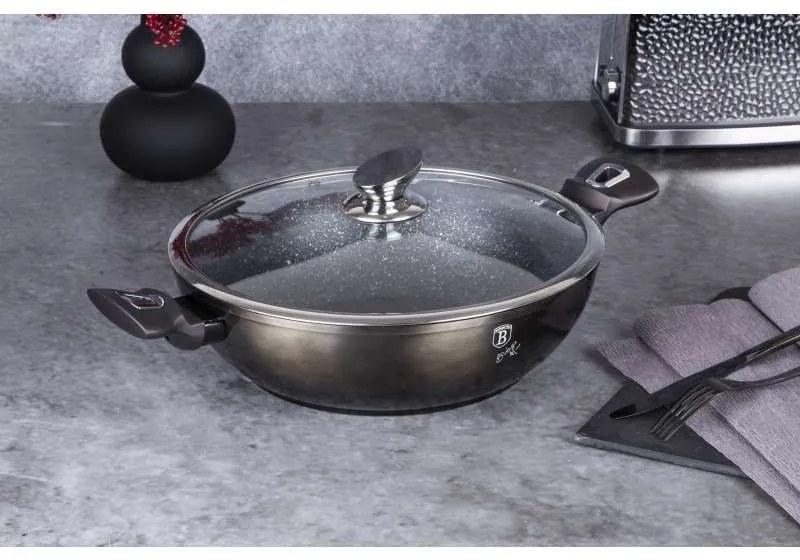 BERLINGERHAUS Wok pánev s poklicí s mramorovým povrchem 30 cm Shiny Black Edition BH-7115