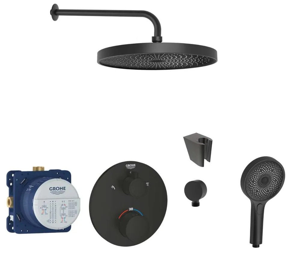 SANITINO - Sprchový set s termostatem a tělesem pod omítku Grohe, příslušenství kielle, matná černá SANI21GKK403