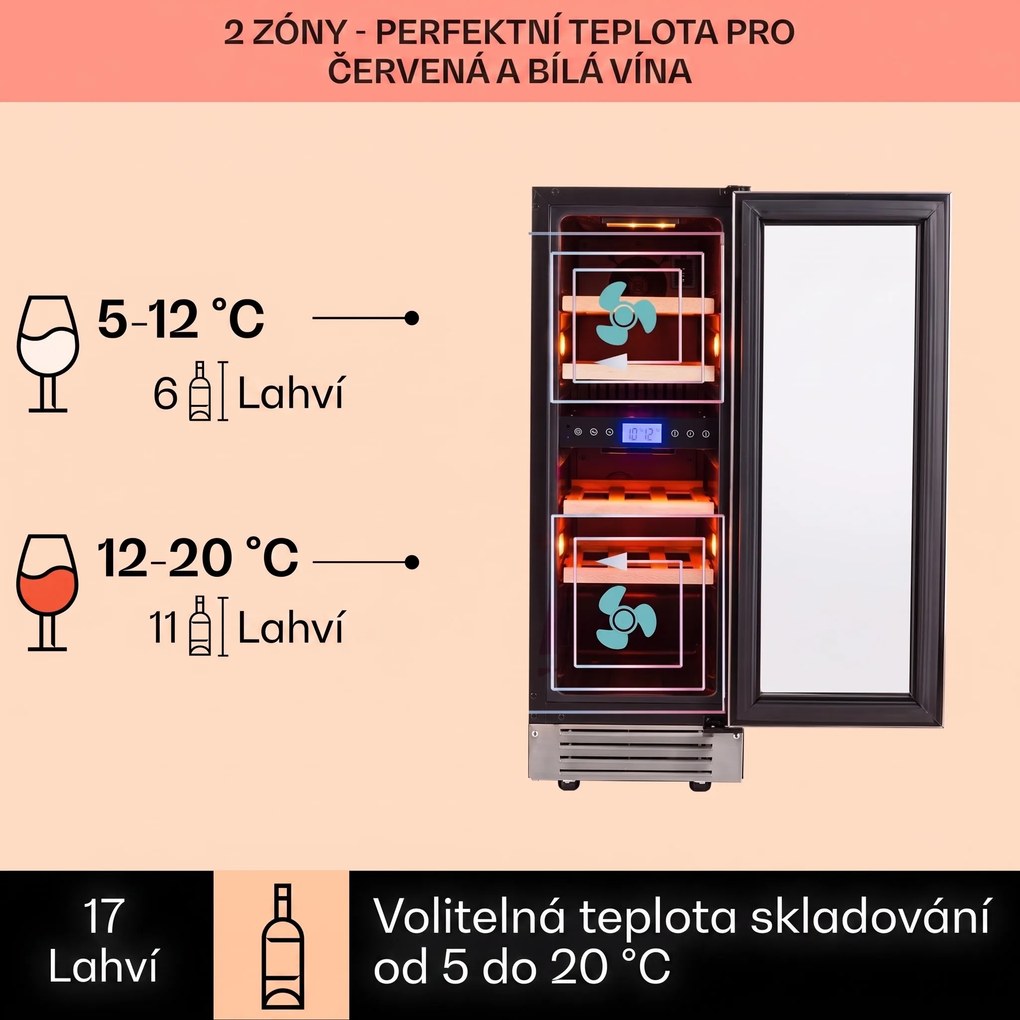 Klarstein Vinovilla Duo 17, vinotéka, 53 l/17 lahví, 2 zóny, 3 barvy LED osvětlení, skleněné dveře