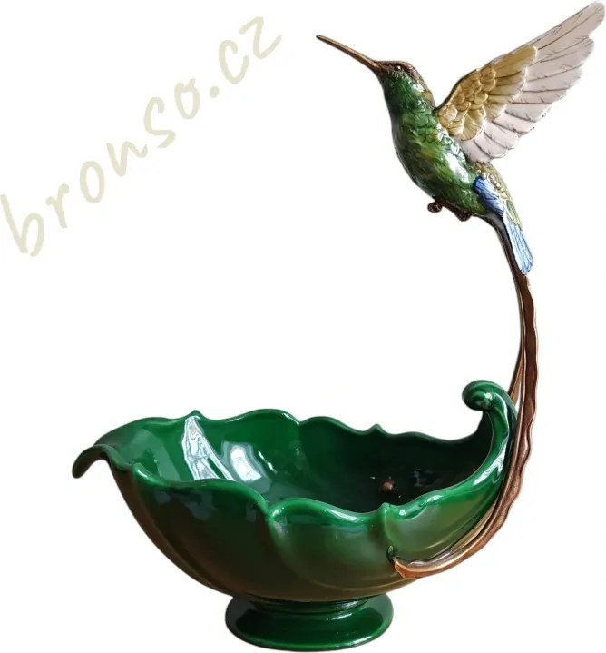 Dekorativní porcelánová mísa s kolibříkem – zelená luxusní mísa s bronzovým detailem
