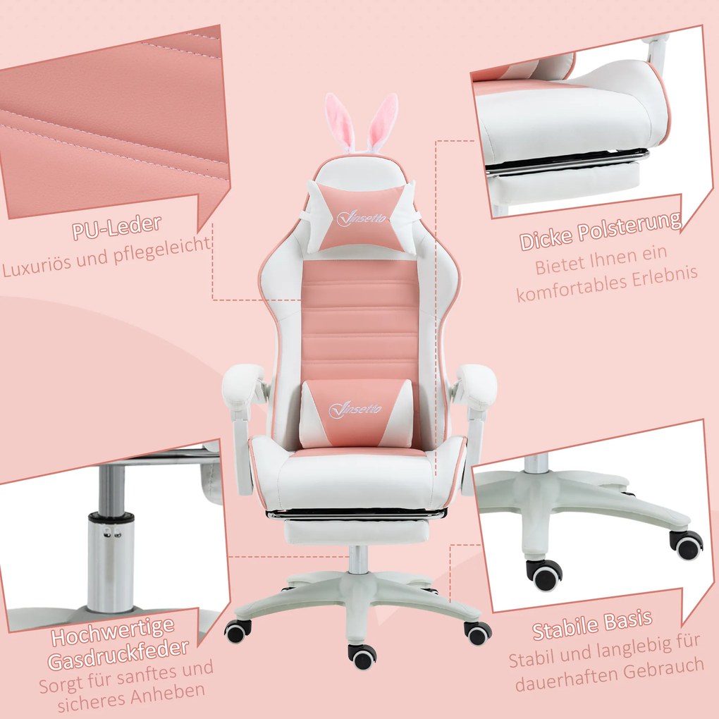 Ergonomická herní židle Vinsetto s bederní podporou, podnožkou a ušima králíčka, polštářkem na hlavu, kancelářská židle s nastavitelnou opěrkou zad R…