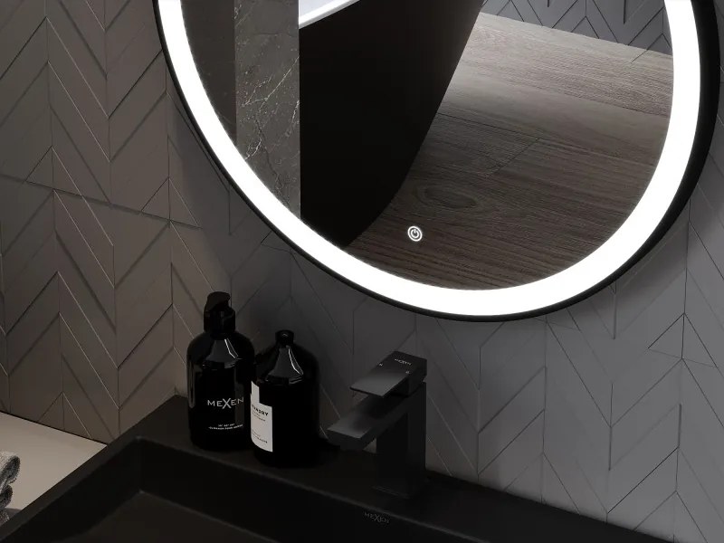 Mexen Esso, kulaté LED podsvícené koupelnové zrcadlo 70 cm, 6000K, topná podložka proti zamlžování, černý rám, 9825-070-070-611-70