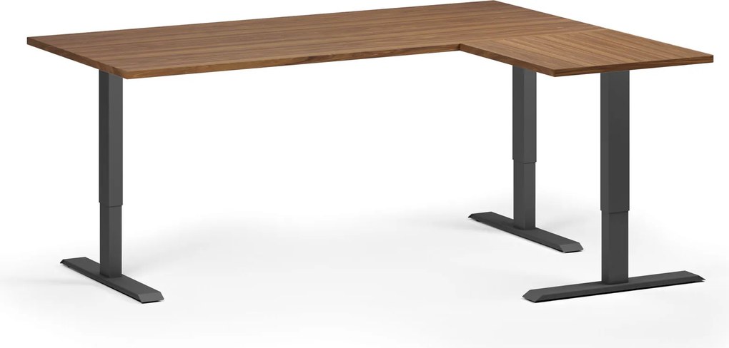 Rohový výškově nastavitelný stůl, 180x140 cm, 3 motory, L/P, černá podnož, ořech