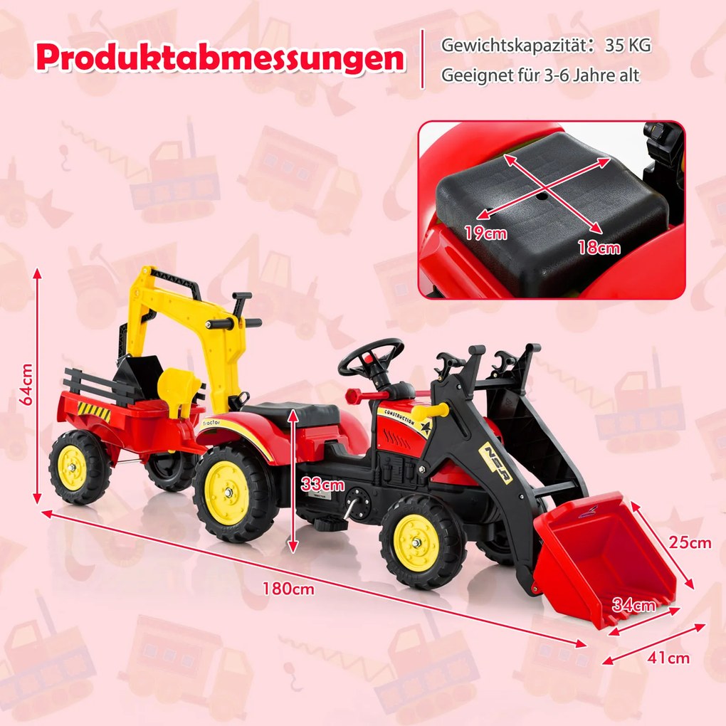 Costway 3-in-1 Rypadlo s pojezdem pro děti Buldozer s 6 koly Odnímatelný přívěs