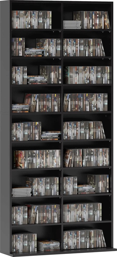 HOMCOM Moderní CD Kniha s 18 policemi pro 640 CD, Šatní skříň na CD z DTD, 78,5x24x175 cm, Černá