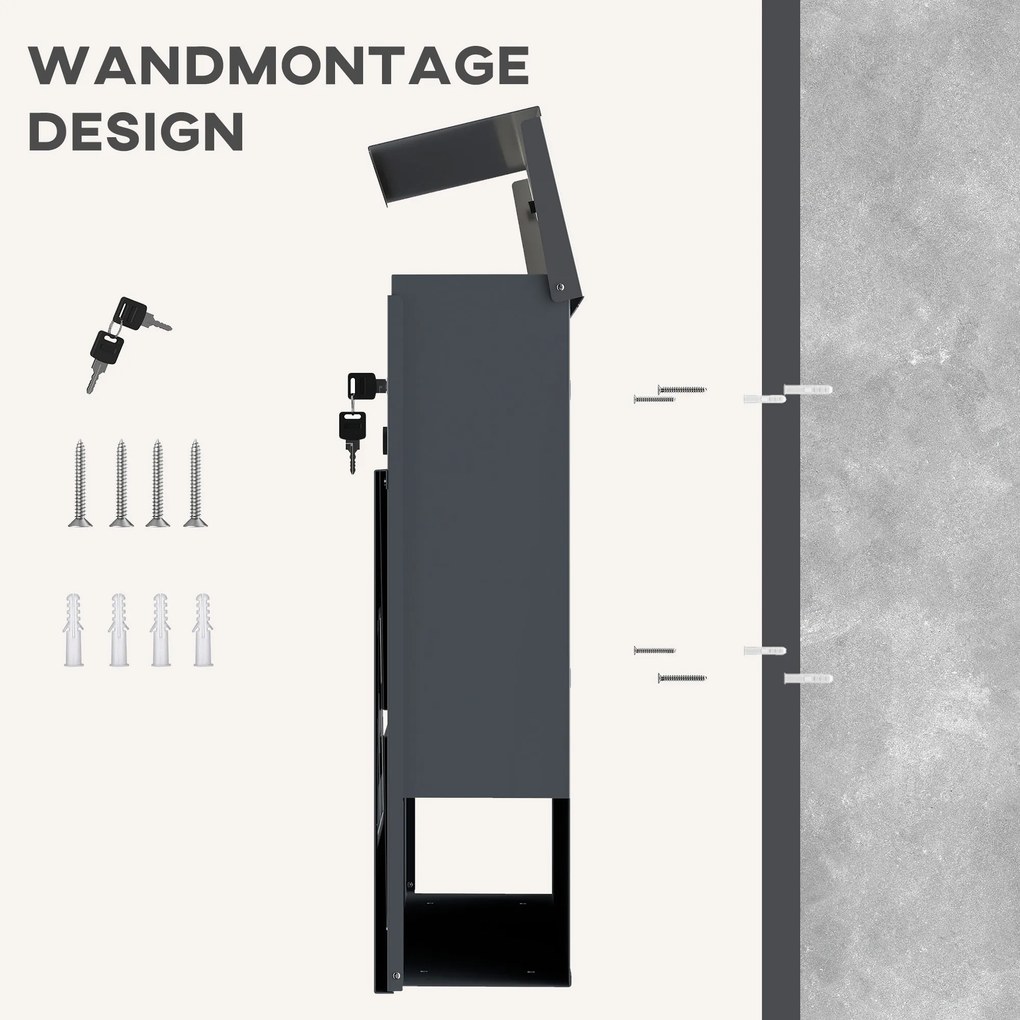 Nástěnná poštovní schránka odolná proti povětrnostním vlivům s držákem na noviny a 2 klíči pro venkovní zeď, tmavě šedá