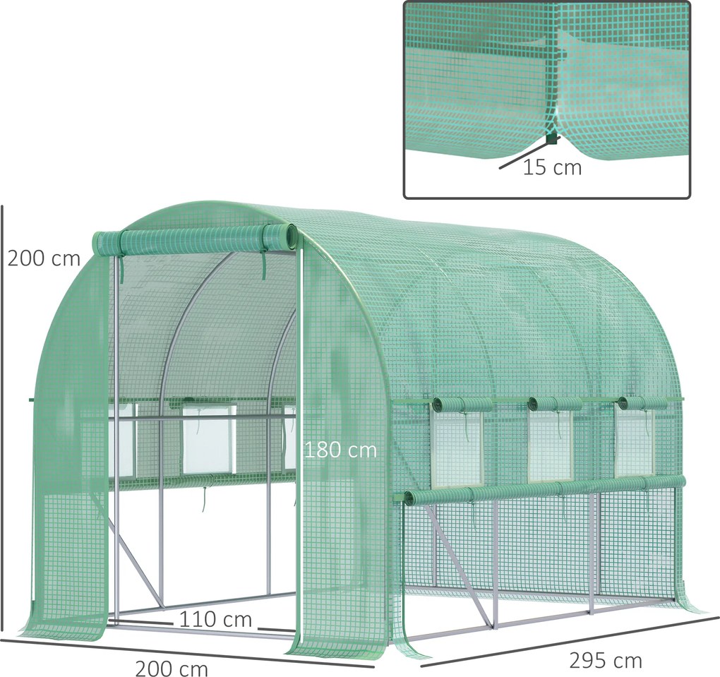 Fóliový skleník Outsunny 2,95x2x2m, tunelový, průchozí se 6 okny UV ochrana pro pěstování rostlin na zahradě | Aosom.de