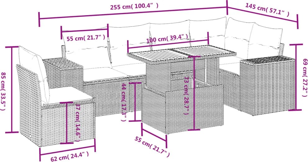7dílná zahradní sedací souprava s poduškami černá polyratan 3272658