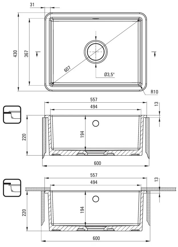Deante Lumi, 1-komorový keramický dřez 557x430x194 mm, bílá, DEA-ZCU_610C