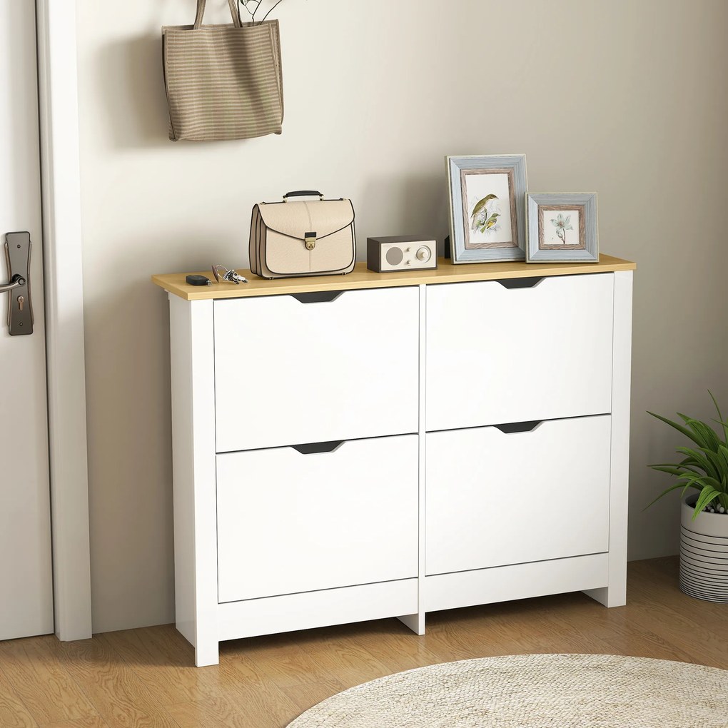 HOMCOM úzký botník s 4 výklopnými přihrádkami – úsporný regál na boty až pro 16 párů, 105 × 26 × 80 cm (bílá / přírodní)