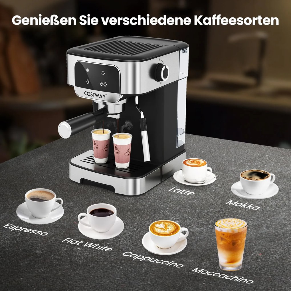 Costway Espresso kávovar 20 Bar 1200 W Espressovač s parním napěňovačem mléka 18
