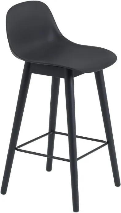 Muuto Barová stolička Fiber s opěrkou, dřevěná podnož, black