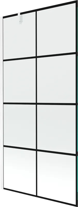 Mexen Next, vanová zástěna 1-křídlová 90 x 150 cm, fixní křídlo, 6 mm čiré sklo s černým vzorem, bílý profil, 895-090-000-00-77-20