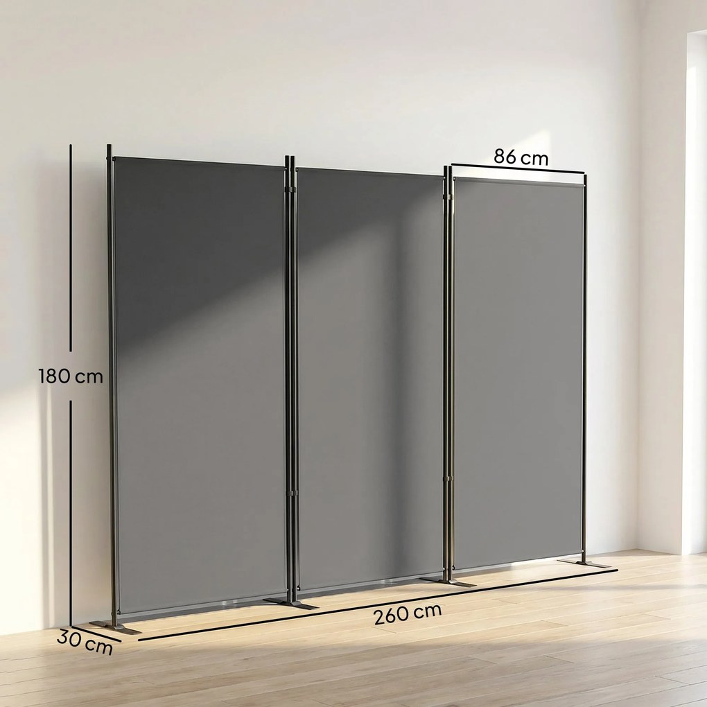 Outsunny 3dílný skládací paraván 260 x 180 cm, kovový rám, ochrana UPF 30+, do interiéru i exteriéru (zahrada, terasa), tmavě šedý