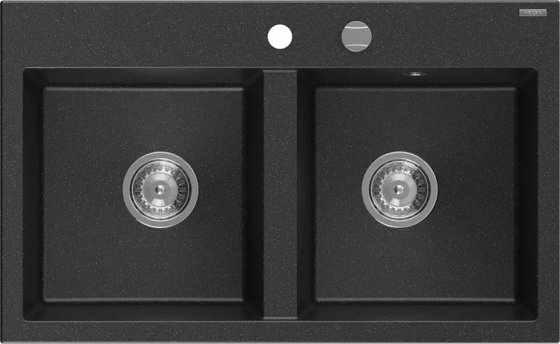 Mexen Hektor, 2-komorový granitový dřez 800x480x205 mm, černá-stříbrná metalíza, chromový sifon, 6521802000-73