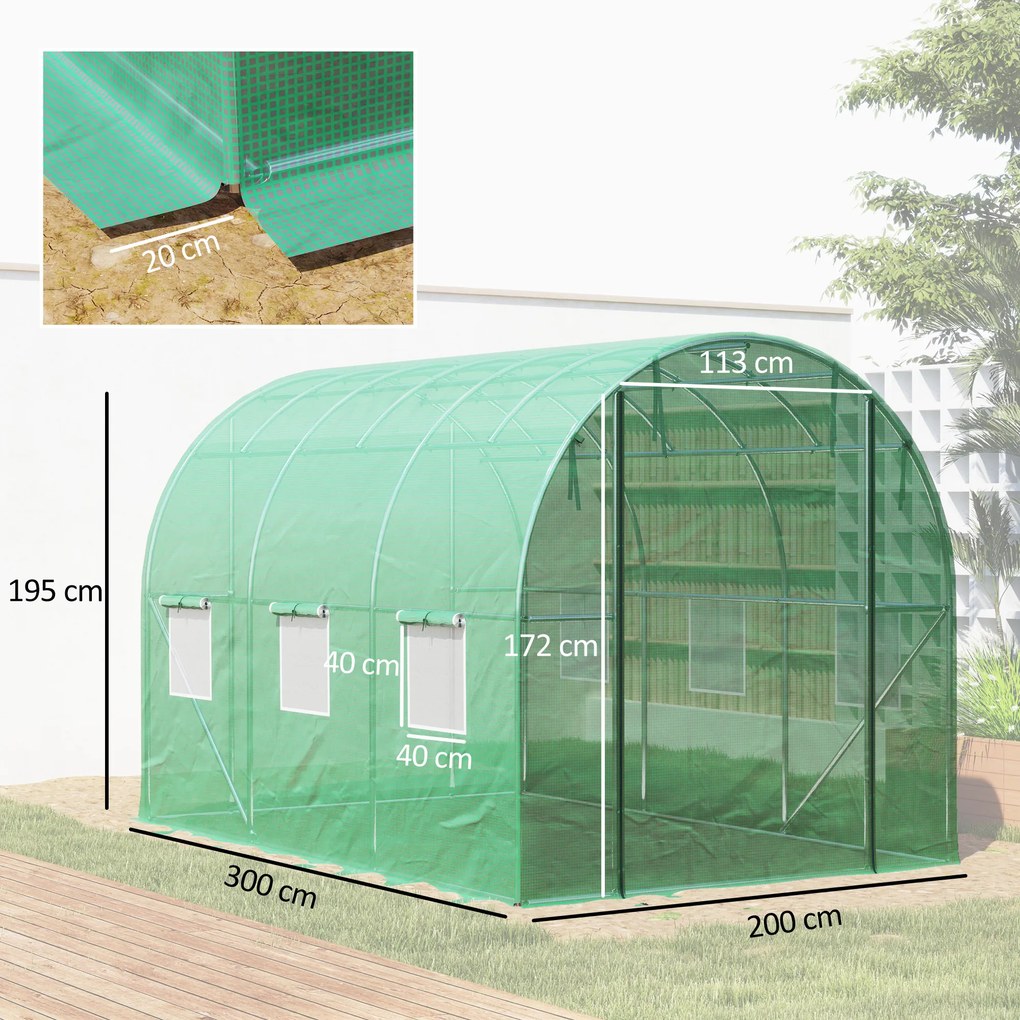 Skleník Outsunny 200x300x200cm z polyethylenu s dveřmi, 6 okny, pozinkovaným ocelovým fóliovým tunelem, 170g/m² PE, stabilní tunel na rostliny, sklen…