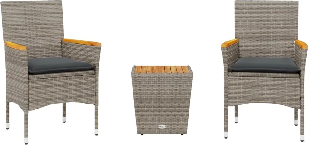 3dílný bistro set s poduškami šedý polyratan a sklo 3278746