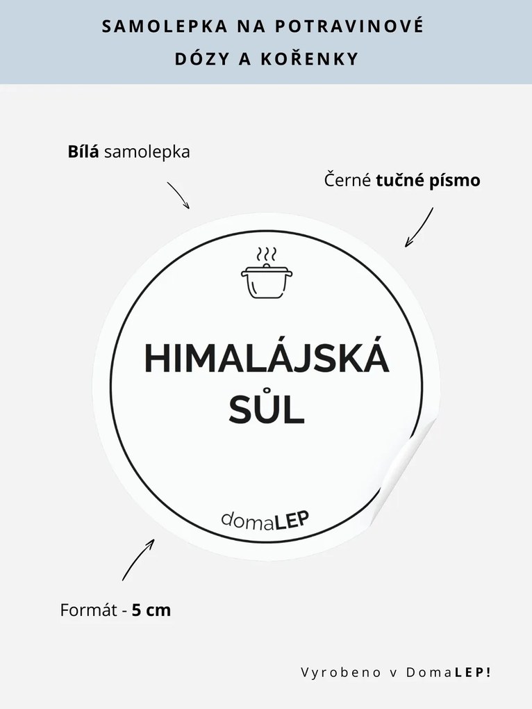 HIMALÁJSKÁ SŮL – bílá samolepka na dózu, tučné písmo, 5 cm | DomaLEP